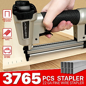 KEENTECH Pneumatic Staple Gun 22 Gauge, Air Upholstery Stapler with 3765pcs 3/8" Crown Staples 1/4"-5/8", Ready-to-Use Air Staple Gun with Staples, Safety Trigger, for Wood Furniture Fabric Leather