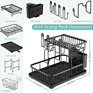 Loftiage Dish Drying Rack with Extra Sponge Holder for Kitchen Counter Sink, 2 Tier Large Dish Drainer Racks, Adjustable Spout Dish Strainer with Drainboard, Utensils, Cutlery Holder, Black