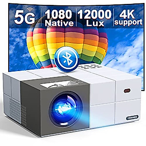 YOWHICK Native 1080P 5G WiFi Bluetooth Projector 4K Support, 15000L 350 ANSI Outdoor Movie Projector with Screen and 300" Display, Video Projector Compatible w/iOS/Android/Win/TV/PS5, White