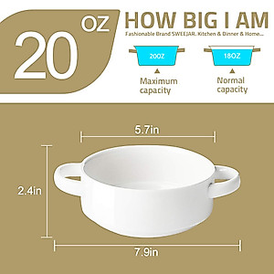 Sweejar Ceramic Soup Bowls with Double Handles, 20 Oz Stacked Bowls for French Onion Soup, Cereal, Pot Pies, Stew, Chill, Pasta, Set of 4(Dark Turquoise)