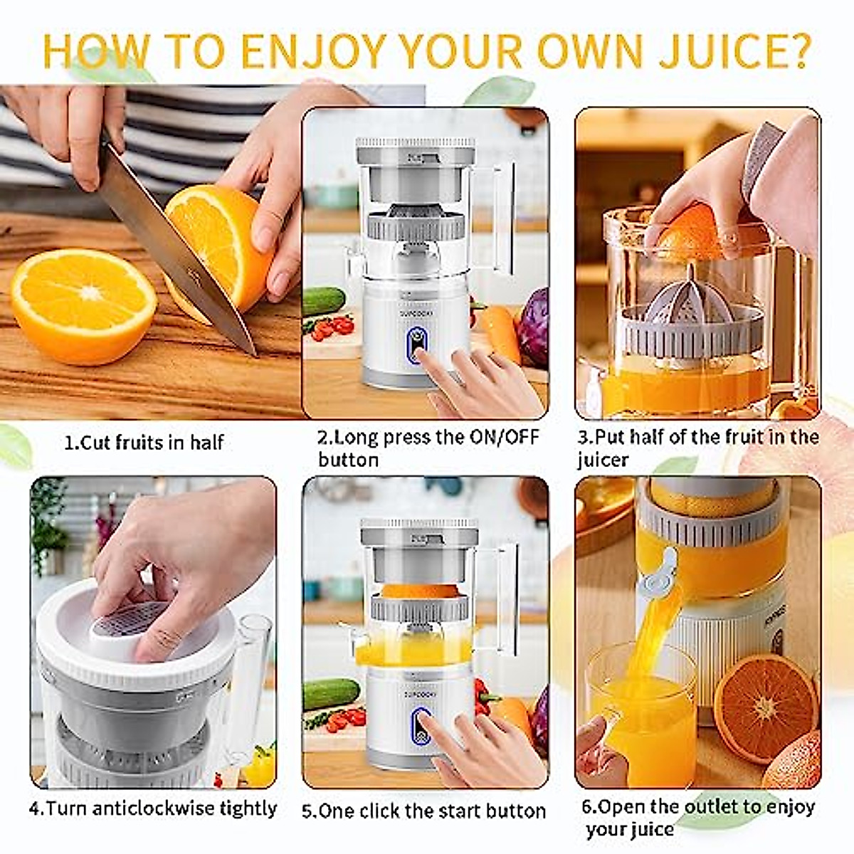 Electric Citrus Juicer - USB Rechargeable Juicer with Cleaning Brush, Orange Lime Lemon Grapefruit Juicer Squeezer, Easy to Clean Portable Juicer Machine