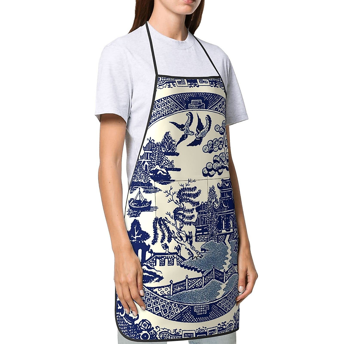Oriental Style Chinese Blue Willow Aprons Women Men With Pocket Washable Anti-Stain Kitchen Chef Bib Apron For Cooking Garden Bbq Painting