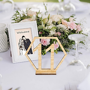 BravOne Wooden Table Numbers, Hexagon Shape 1-20 Wedding Table Numbers with Holder Base Rustic Hollow Out Wood Table Numbers Card for Wedding Party Event Catering Decoration (Hexagon)