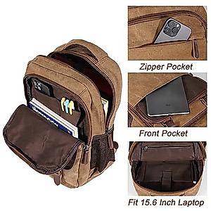 VAZUOOL Canvas Laptop Backpack, Vintage Daypack for Men Women, Brown Travel Rucksack Backpack College Bookbag Work Computer Bag Fits 15.6 Inch Laptop, Brown