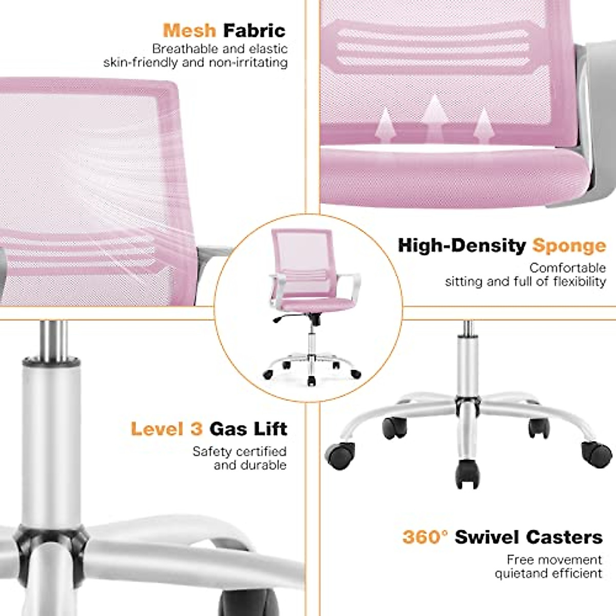 JHK Ergonomic Pink, Home Office Desk Lumbar Support Armrests, Mid Back Mesh Rolling Swivel Chair with Wheels for Adults