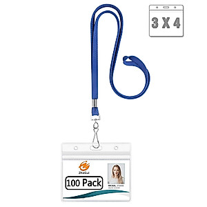 Nametag Badge Holders with Lanyard 3x4 Horizontal Badge Holder Waterproof PVC ID Cards by ZHEGUI (Royal Blue, 100 Pack)