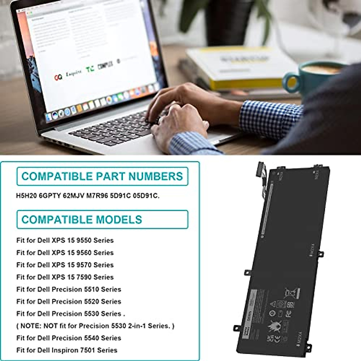 HIGH QUALITY FUTUREBATT FUTUREBATT H5H20 Laptop Battery Compatible with Dell XPS 15 9550/9560/9570, Precision 5530/5520/ M5520/ 62MJV/ M7R96/5D91C/ 05D91C Series 11.4V 56Wh