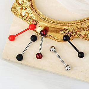 Jewseen 5PCS 14G 316L Stainless Steel Red Black Acrylic Balls Tongue Barbell Painting Tongue Rings Piercing