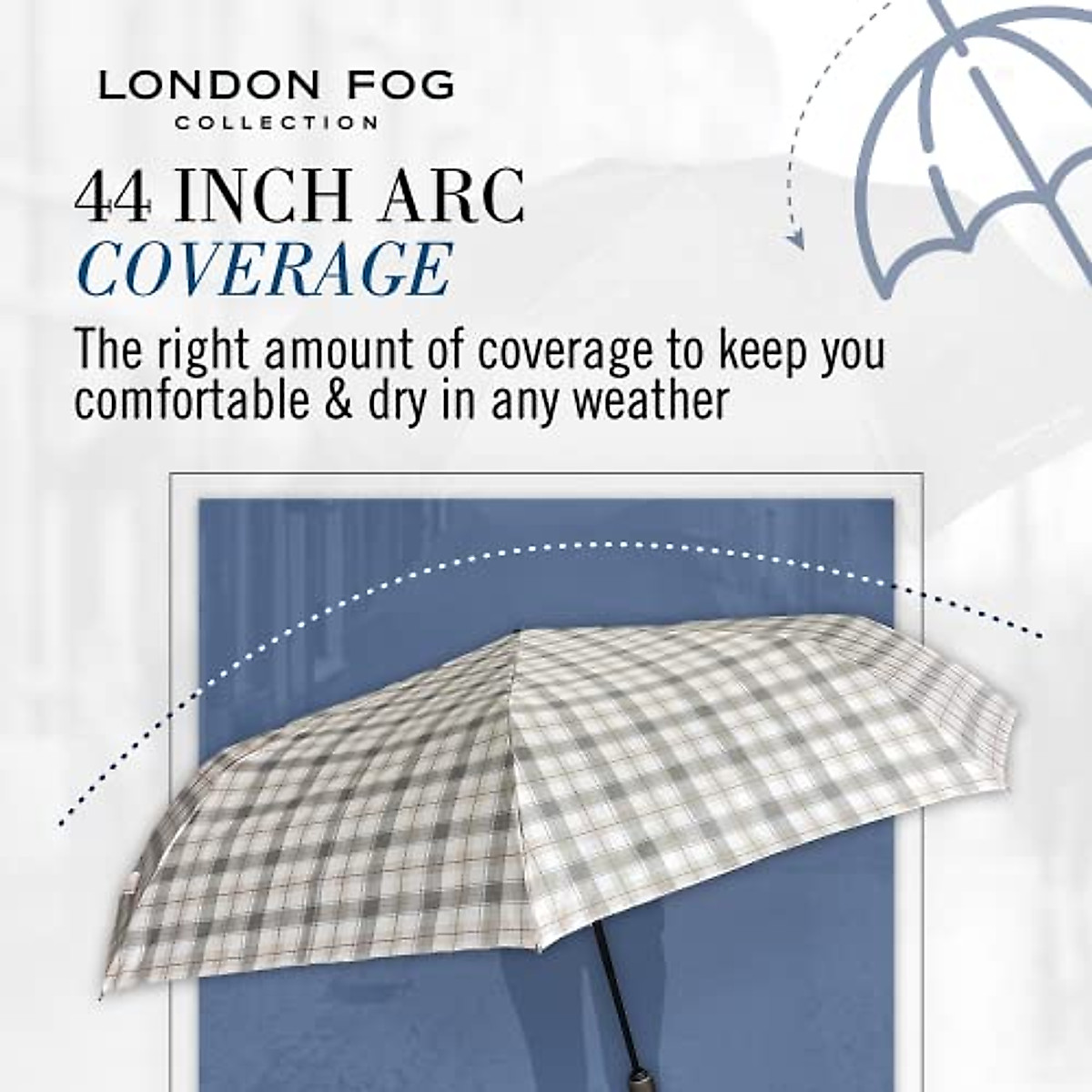 London Fog Rain Umbrella, Automatic Folding Umbrella, Windproof, Lightweight and Packable for Travel, Full 44 Inch Arc, Khaki Plaid