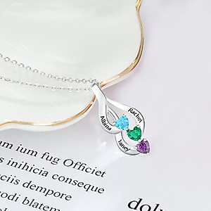 Personalized Sterling Silver 3 Heart Simulated Birthstone Mothers Pendant Necklace with Names Engraved Pendant Family Necklace for Women (3 Names)