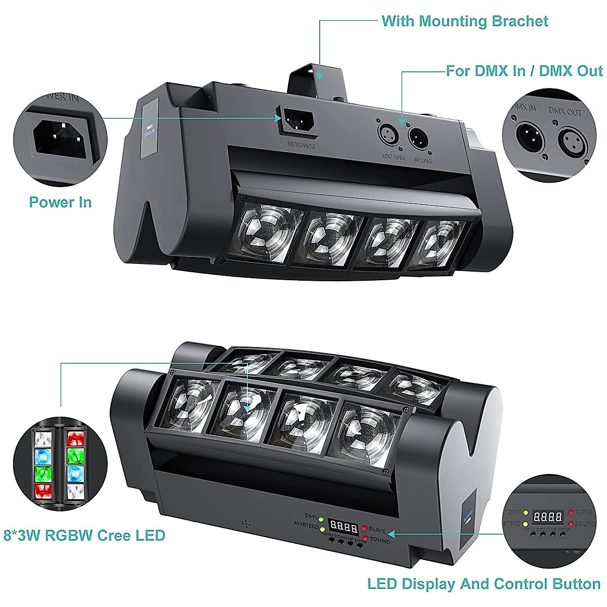 Seven Stars Moving Head DJ Light, 8 Beams Spider LED Stage Light, Master-Slave/DMX/Sound/Auto Control Modes, RGBW 4 in 1 Spotlighting for Wedding, Karaoke, Disco, Light Show and Events (2 Pack)