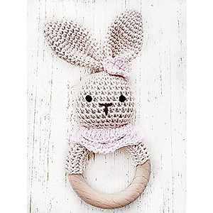 Natural Crochet Teether Toy Rattle for Baby Forest Friends Handmade Amigurumi Crochet Bunny Deer Fox on Natural Wooden Teething Ring Rattle Natural Baby Toys (Girl Bunny)