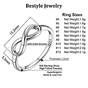 Bestyle S925 Sterling Silver Women Promise Rings Infinity Love Engagement/Wedding Band for Women, High Polish Cute Plain Finger Silver Rings,Size 10