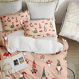 Duvet Cover Full Size, Gnome Funny Happy Red Bedding Set with Zipper Closure for Kids and Adults, Colorful Mushroom Elf Comforter Cover with 2 Pillow Shams for Bedroom Bed Decor