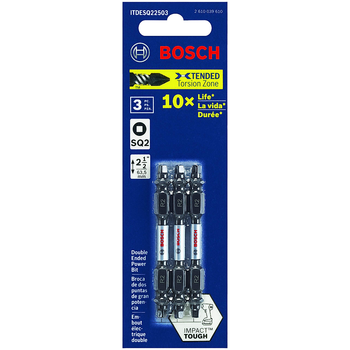 BOSCH ITDESQ22503 3-Pack 2-1/2 In. Square #2 Impact Tough Double-Ended Screwdriving Bits