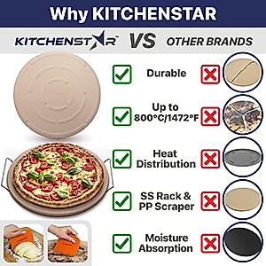 KitchenStar Pizza Stone 16 inch with Handles (Large) - Cordierite Baking Stone Set with Metal Rack & Plastic Scraper - High Temperature Resistant Ceramic Pizza Stones for Oven, Grill or Smoker