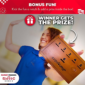 SWOOC Games - Coin Drop | Simple + Strategic Dice Games For Families with Coins Included For 2-6 Players | Works With Pennies Too | Get Rid Of Coins To Win | Board Games For Kids | Penny Game Wood Box