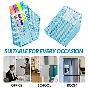 LUCYCAZ Magnetic Pen Holder - Single Magnetic Pencil Locker Holder Organizer, Blue Mesh Marker Holder Pen Basket for Whiteboard, Refrigerator and Locker