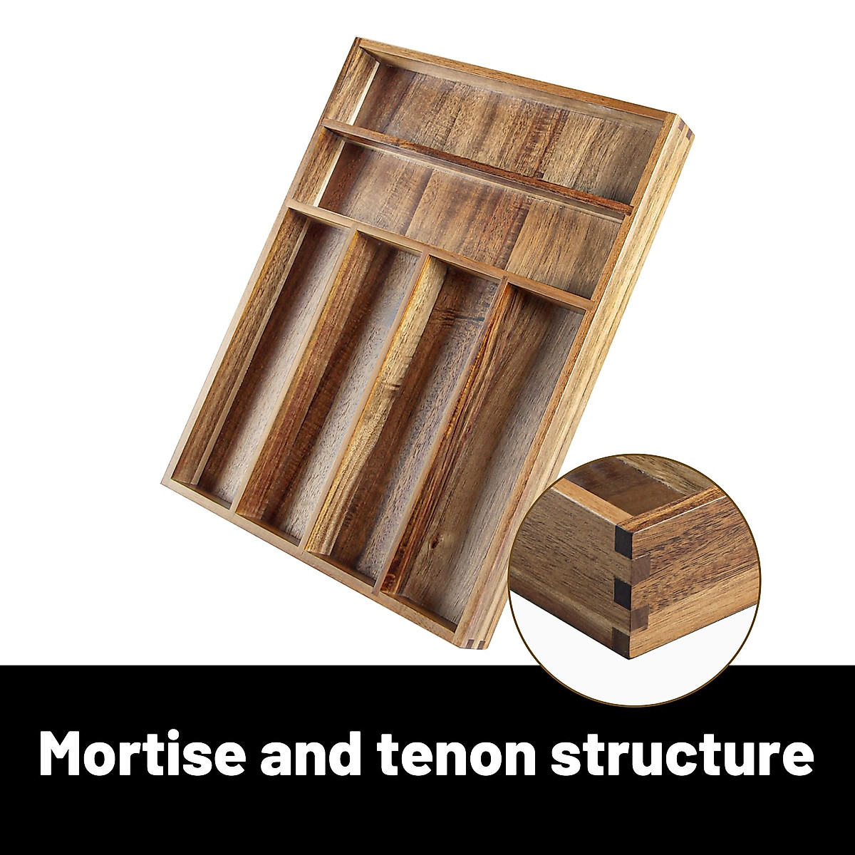 KITEISCAT Acacia Wood Silverware Organizer, Kitchen Utensil Drawer Organizer for Forks, Knives & Spoons, 6-Compartment Cutlery Tray, Flatware Holder