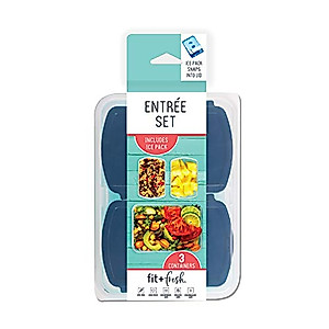 Fit & Fresh 216HL Entree Set with Ice Pack, 3 Reusable Portion Control Containers, BPA-Free, Microwave/Dishwasher Safe Lunch Box, Entrée, Blue