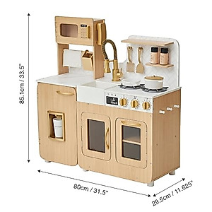 Teamson Kids Little Chef Cyprus Medium Wooden Play Kitchen with Interactive, Realistic Features, and 14 Kitchen Accessories for 3yrs and up, Light Oak/Faux White Marble/Gold