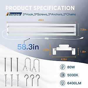 Bbounder Deformable LED Shop Light for Workshop, 6400LM 80W 4FT Utility Shop Lighting Fixture with Plug and Adjustable Panel, 5000K Daylight, Hanging or Flush Mount for Shop, Garage, Workbench, 1 Pack