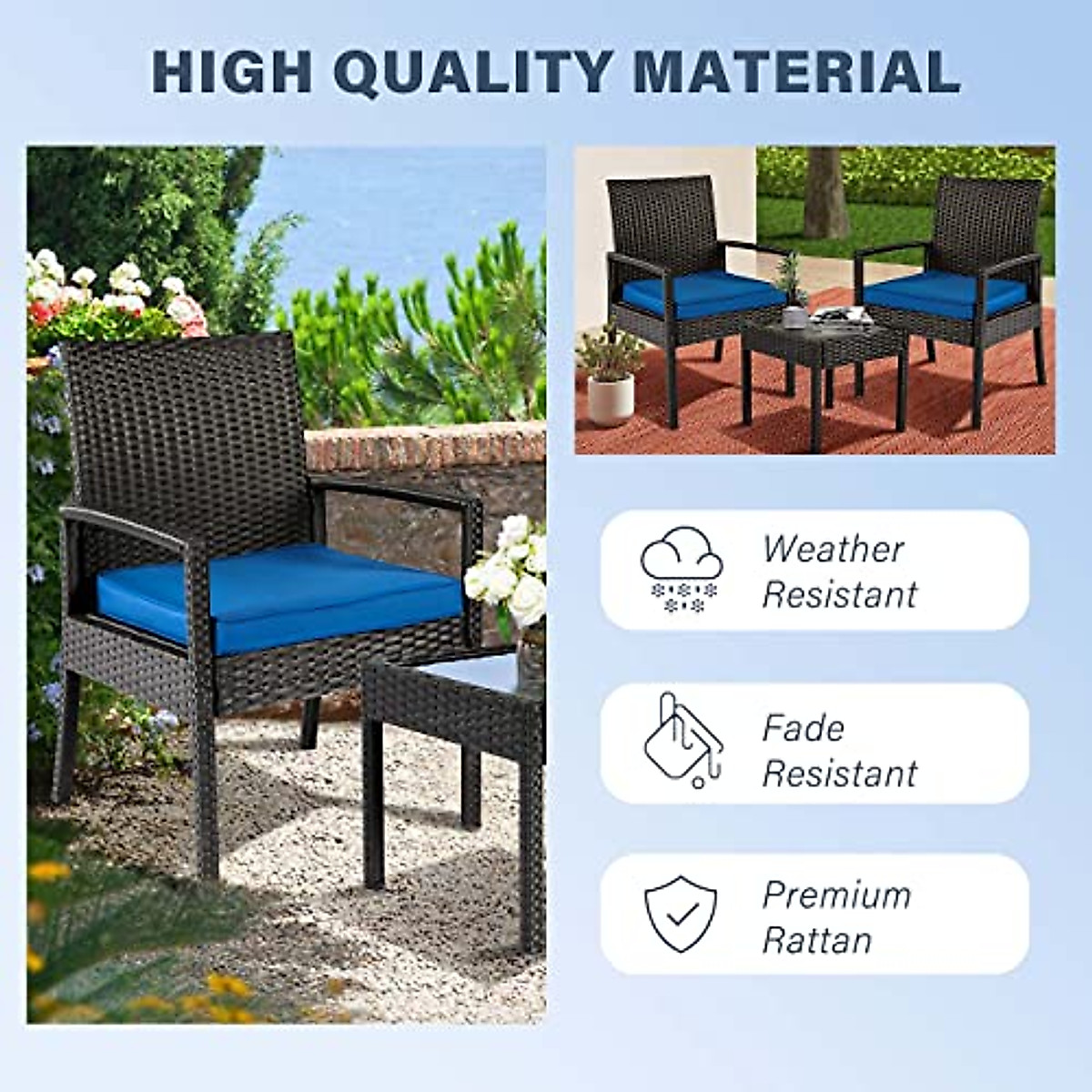 Tochiyoga Patio Furniture Set 3 Piece, Wicker Patio Furniture Sets, Outdoor Wicker Rattan Furniture, Outdoor Bistro Set, Wicker Patio Set, All Weather Balcony Furniture Set(Black)