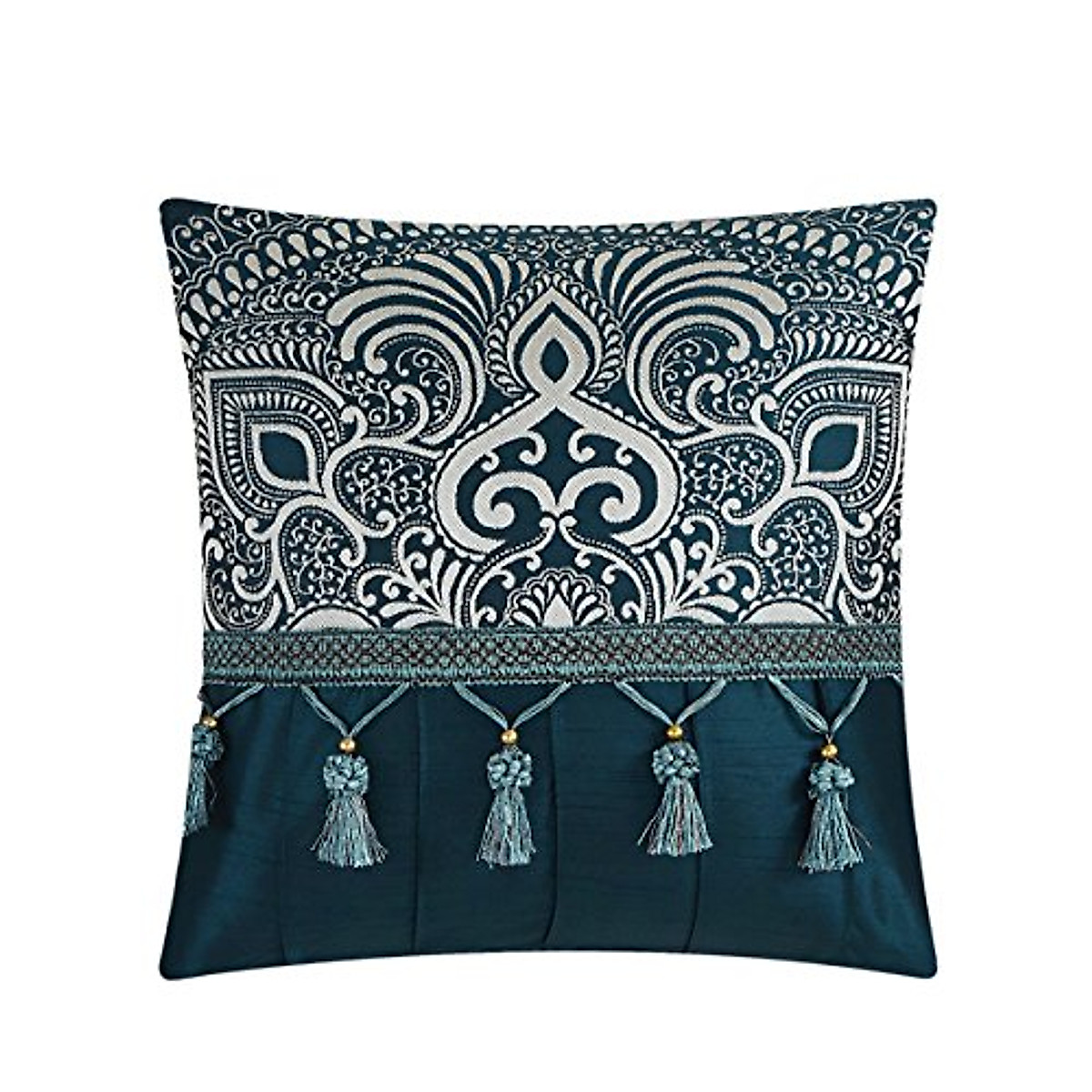 Chic Home CS2687-AN Chic Home 9 Piece Orchard Place Faux Silk Luxury Large Medalion Jacquard with Embroidery Details and Trims Queen Comforter Set Blue