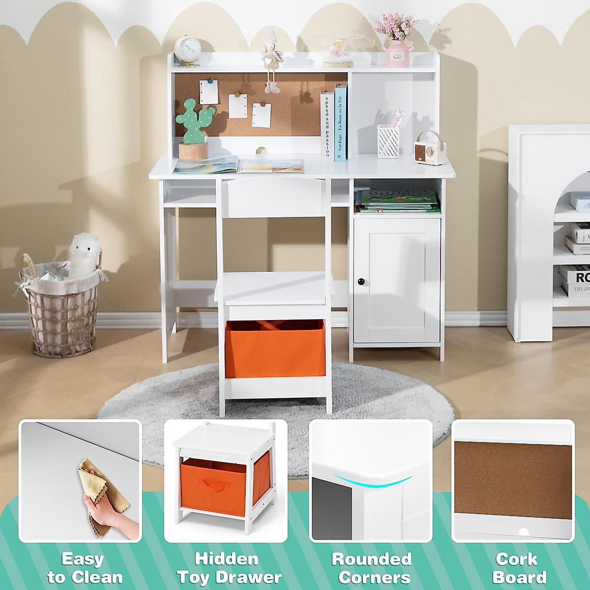 Kid's Study Desk and Chair Set for Boys & Girls – Wooden Ergonomic Design, Includes Built-In Chair Storage Bins & Bookshelf Organizer & Cork Bulletion Board, for Children Studying, Writing, Drawing