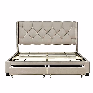 Prohon Queen Platform Bed with Button Tufted Headboard & Two Drawers, Upholstered Queen Bed Frame for Kids, Teen & Adults, Wooden Slats Support, No Box Spring Needed, Beige