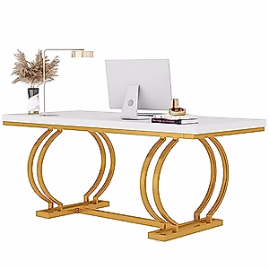 Tribesigns 70.9" Executive Desk, Large Modern Office Desk Computer Desk with Gold Metal Frame, Conference Table Meeting Room Table for Home Office, White and Gold