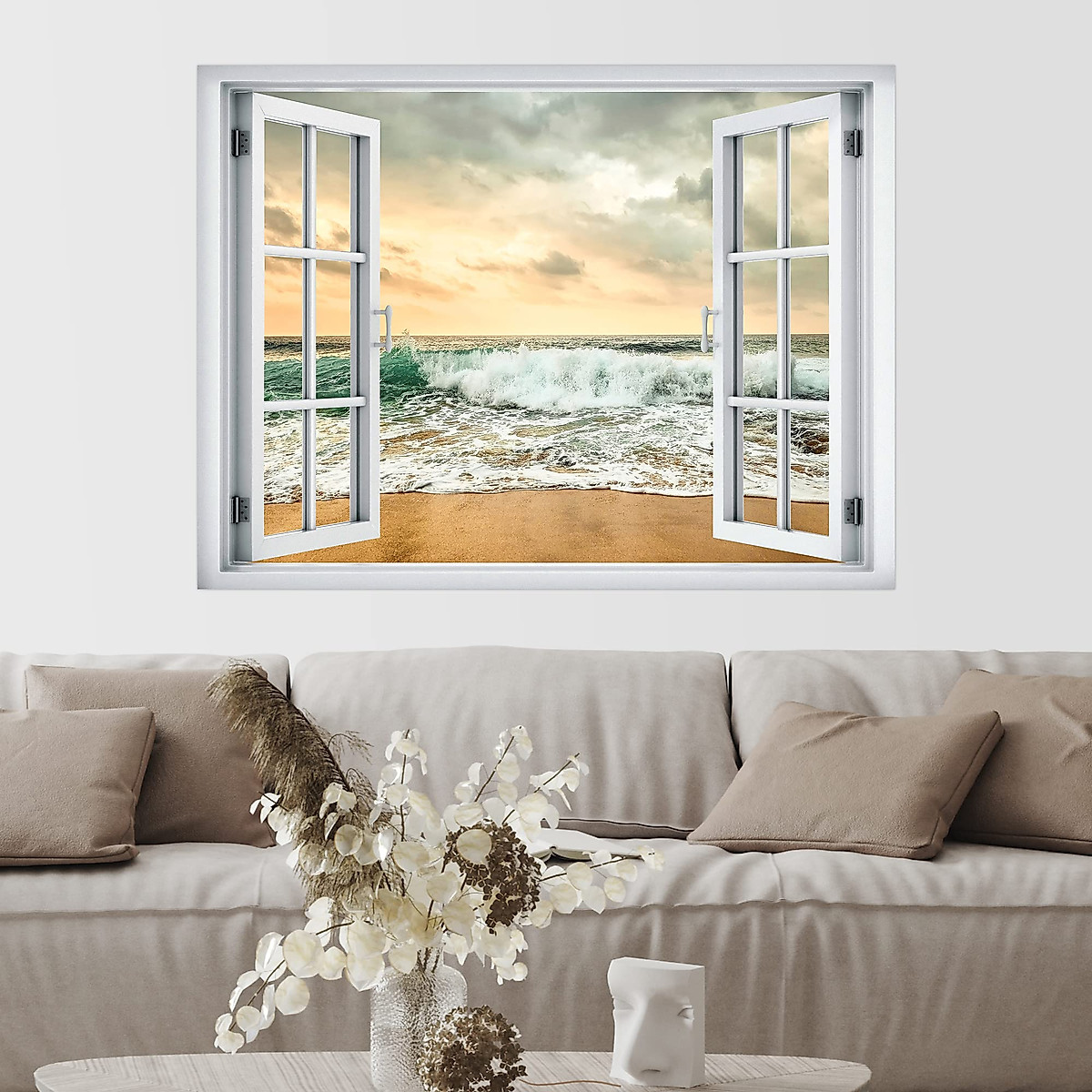 SIGNWIN Removable Wall Sticker/Wall Mural Window View Beach Wave Sunset Seascape Nature Wilderness Photography Realism Decorative Landscape Digital Art for Living Room, Bedroom, Office - 36"x48"