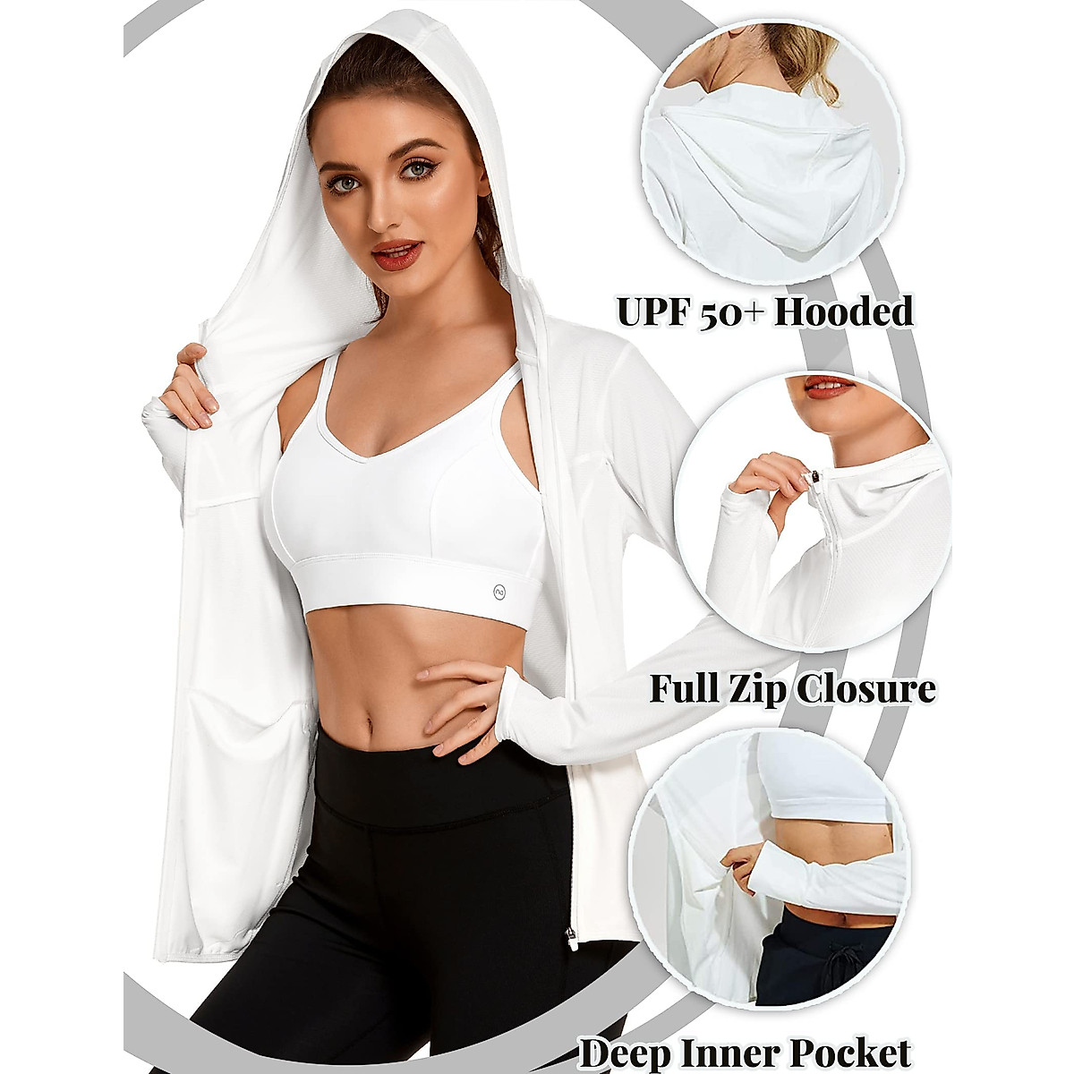 COOrun Women's UPF 50+ Sun Protection Hoodie Jacket Lightweight Full Zip Running Jacket Athletic Jacket with Thumb Holes White XL