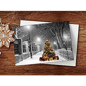 Christmas Cards, Holiday Cards - One Jade Lane - Lighted Tree in the Snow, 5x7, Heavy Stock, Set of 18 Cards & Envelopes, Seasons Greetings Cards.