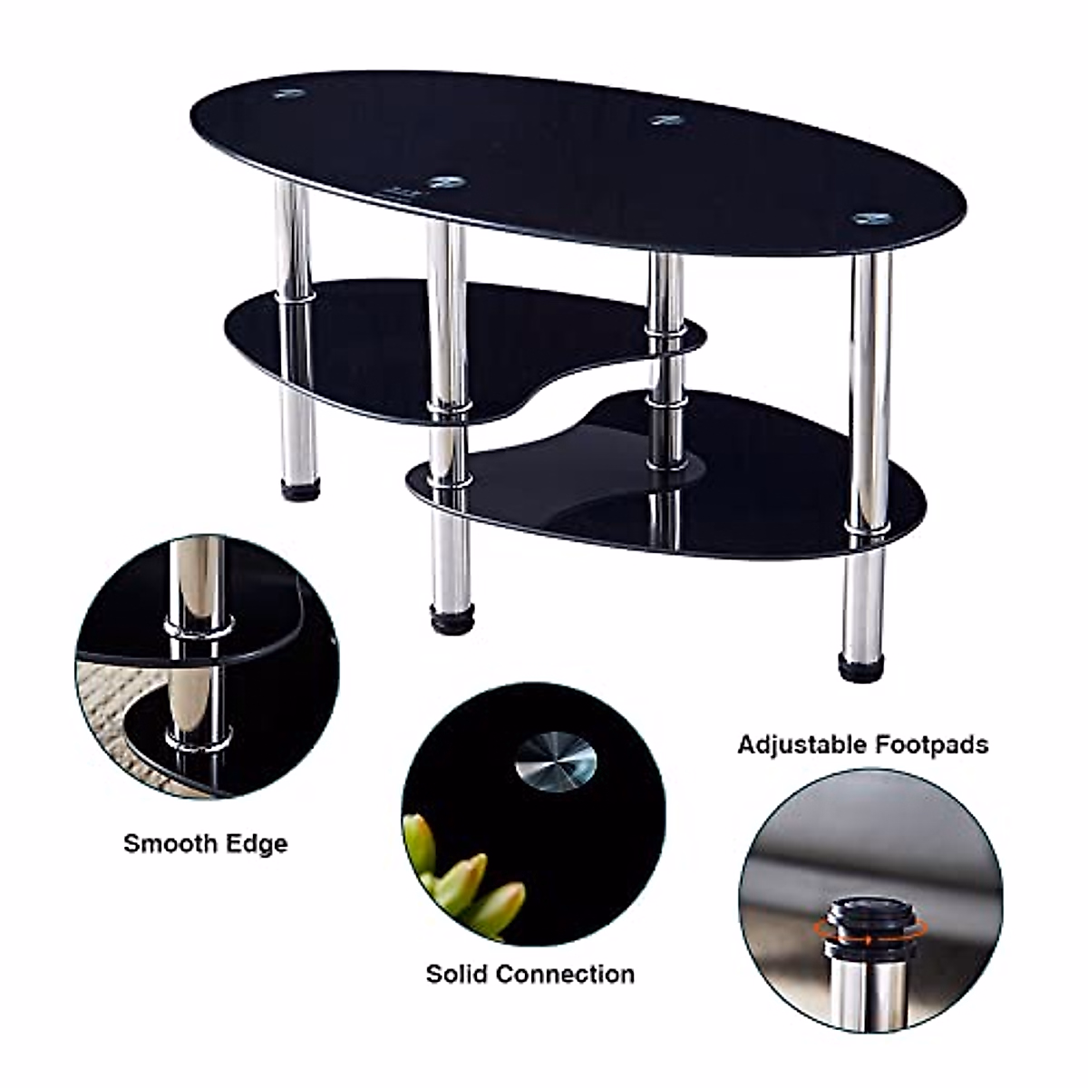 Oval-Shaped Glass Tea Table for Office, 3-Tier Modern Coffee Table, End Table for Living Room (Black)