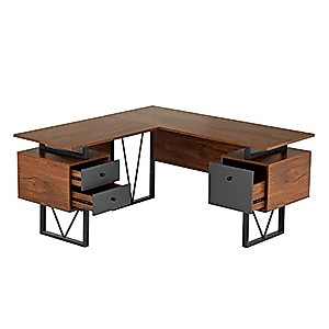 Techni Mobili Reversible L-Shape Computer Drawers and File Cabinet Home Office Desk, 59 x 57.75 x 30, Brown, Grey