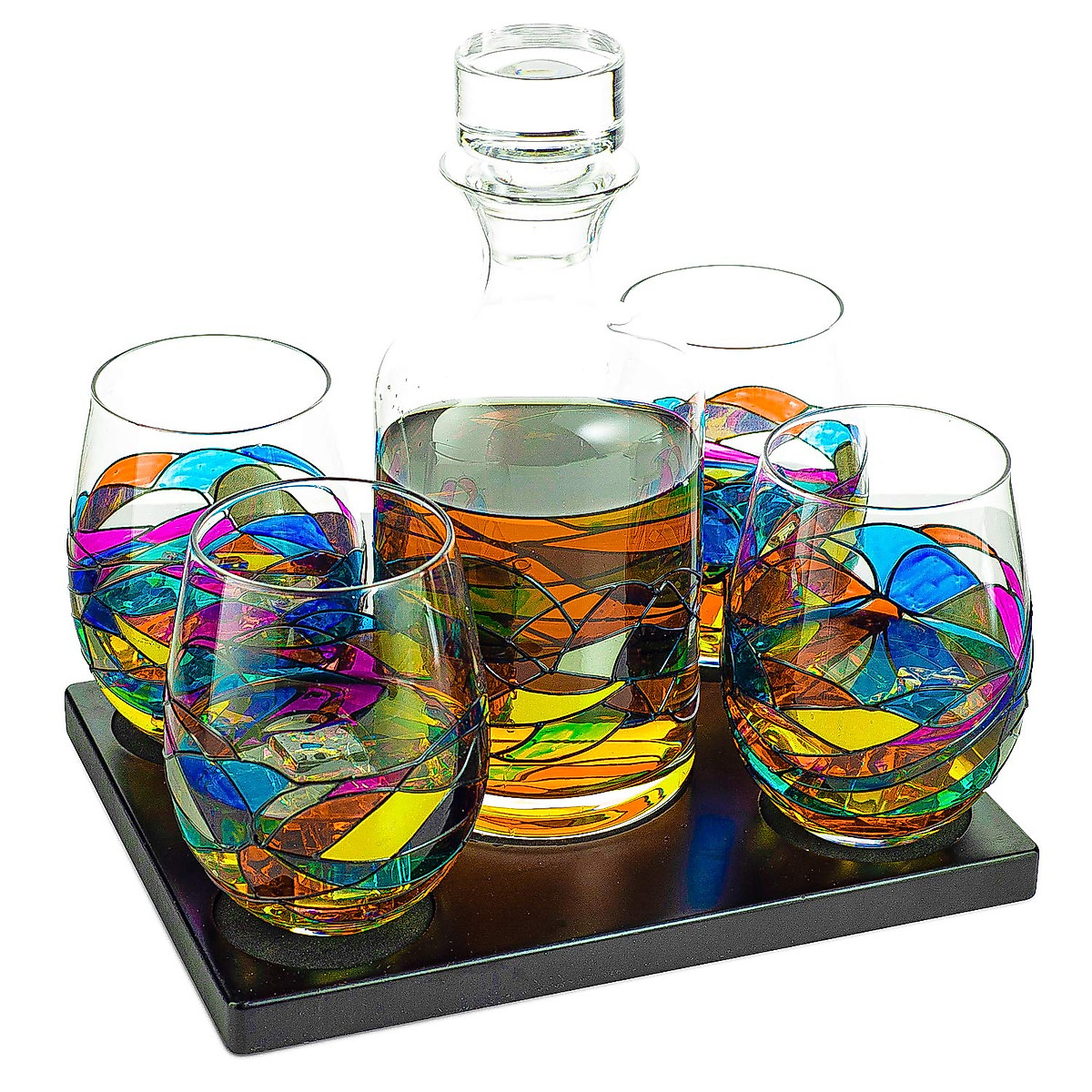 The Wine Savant Artisanal Hand Painted Glassware Gift for Mom, Wife, Friend - Artisanal Barcelona Hand Paint Whiskey & Wine Decanter Set, Renaissance Romantic Stain-glasses- Gift Multicolor