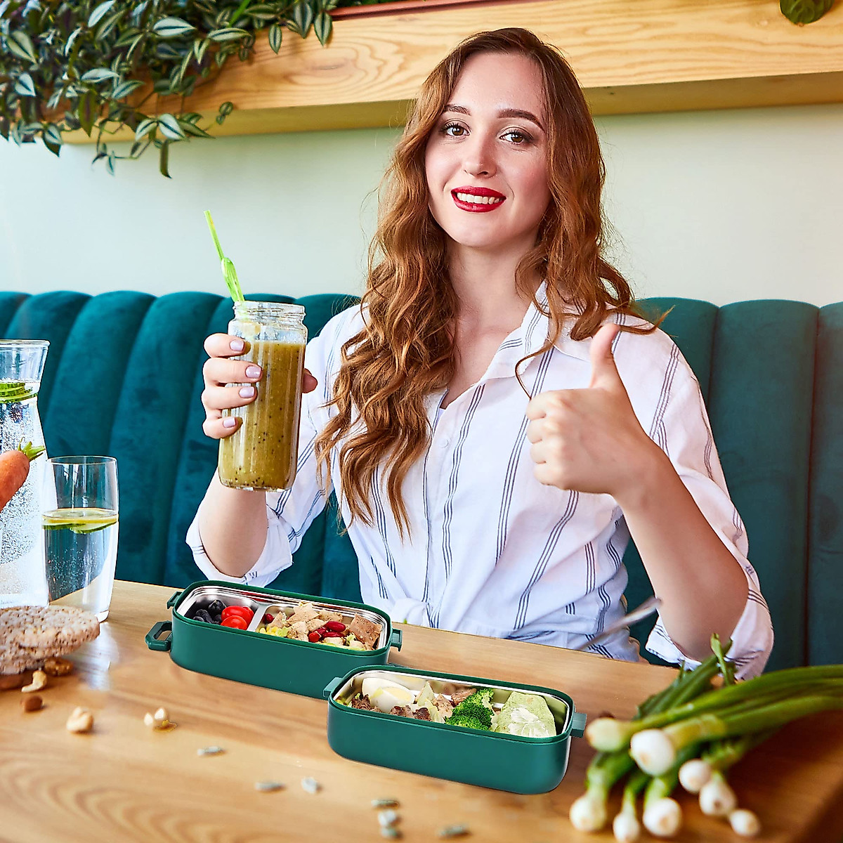 JUBOSYCZ Stainless Steel Bento Box for Adults&Kids,Japanese Leakproof Lunch Box Divided Food Meal Storage Containers Set Stackable 2 Layer for Children School Picnic Green