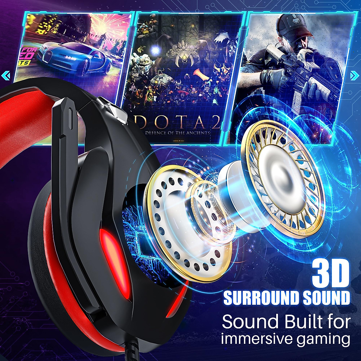 Stynice Gaming Headset for PC, PS4, Xbox One, Laptop, Crystal Clear Surround Sound Computer Gamer Headset with Noise Canceling Mic and LED Light - Lightweight and Comfortable Gaming Headphone