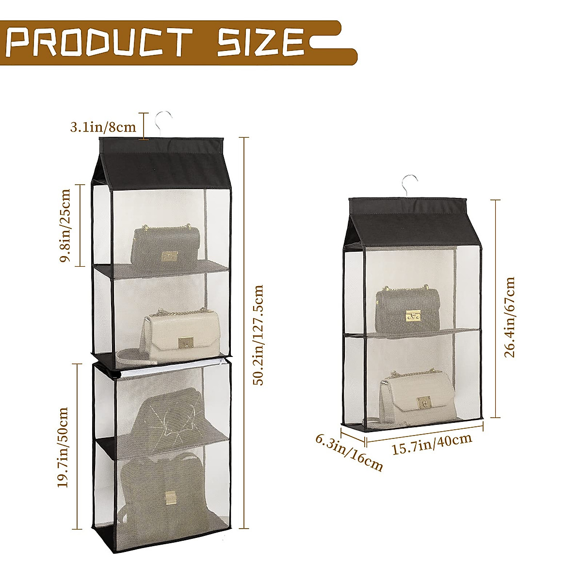 KMOTASUO 2 Pack Detachable Purse Handbag Organizer for Closet, Hanging Purses Bag Storage Holder with 4 Clear Shelves, Space Saving Wardrobe Organizers System for Bedroom Living Room