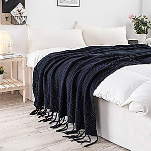 Longhui bedding Fringe Knit Cotton Throw Blanket, 50 x 60 Inch Decorative Knitted Cover with 6 Inches Tassels, Bonus Laundry Bag – 2.5lb Weight, Couch Blankets, Dark Navy Blue