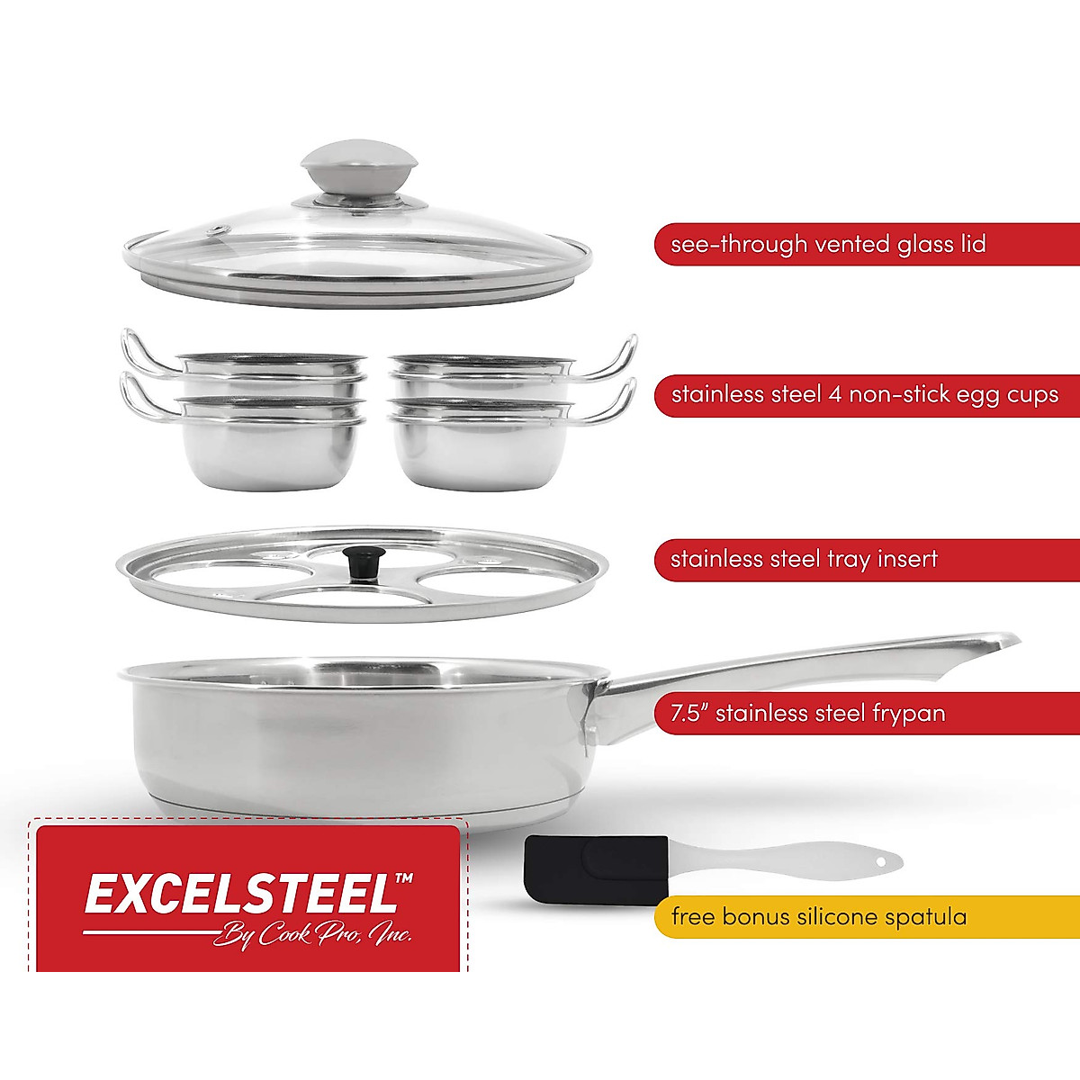 EXCELSTEEL Non Stick Easy Use Rust Resistant Home Kitchen Breakfast Brunch Induction Cooktop Egg Poacher, 4 Cups, 18/10 Stainless Steel