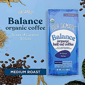 Four Sigmatic Organic Balance Adaptogen Ground Coffee | Medium Roast USDA Organic, Fair Trade Coffee with Ashwagandha, Chaga Mushroom, Eleuthero and Tulsi | Focus and Energy Boosting Coffee | 12oz Bag