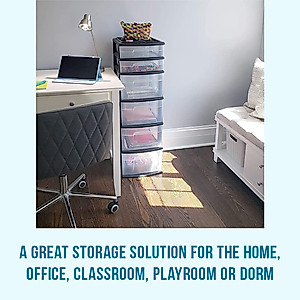 Homz Clear Plastic 4 Drawer Medium Home Organization Storage Container Tower w/2 Large and 2 Small Drawers, and Removeable Caster Wheels, White Frame