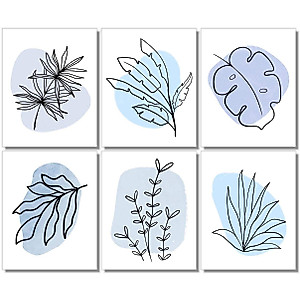 Botanical Prints - Minimalist Line Art Leaf Prints 8x 10 (Set of 6) - Aesthetic Art Posters - Abstract Plant Decor - Unframed (Blue)