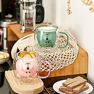 Cute Bear Mugs Set of 2 Cute Bear Tea Cup 8.5 oz Double Wall Glass Milk Coffee Bear Mug with Handle Insulated Espresso Beer Cup Cute Birthday Gifts for Women Men (2 Pack, Pink Lake Green)