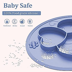Toddler Plates with Suction - Silicone Cute Bee Baby Divided Plate - Self Feeding Kid Dish for Tables Highchairs Trays - Dishwasher and Microwave Safe (Dark Blue)