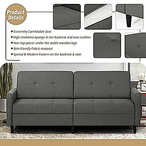BIVVI 77” Long Linen Fabric Sofa Bed Convertible Loveseat Couch with Adjustable Backrest and Wooden Legs,Sleeper Lounge Couch for Living Room/Dorm/Guest/Home Office/Apartment,Gray
