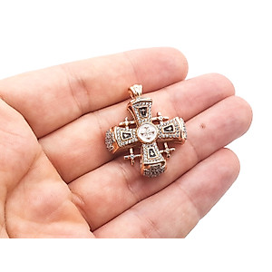 Nazareth Store Crusaders Jerusalem Cross Pendant Necklace Gold Plating 18k Enamel Crystallized Stones 1.3" (Black)