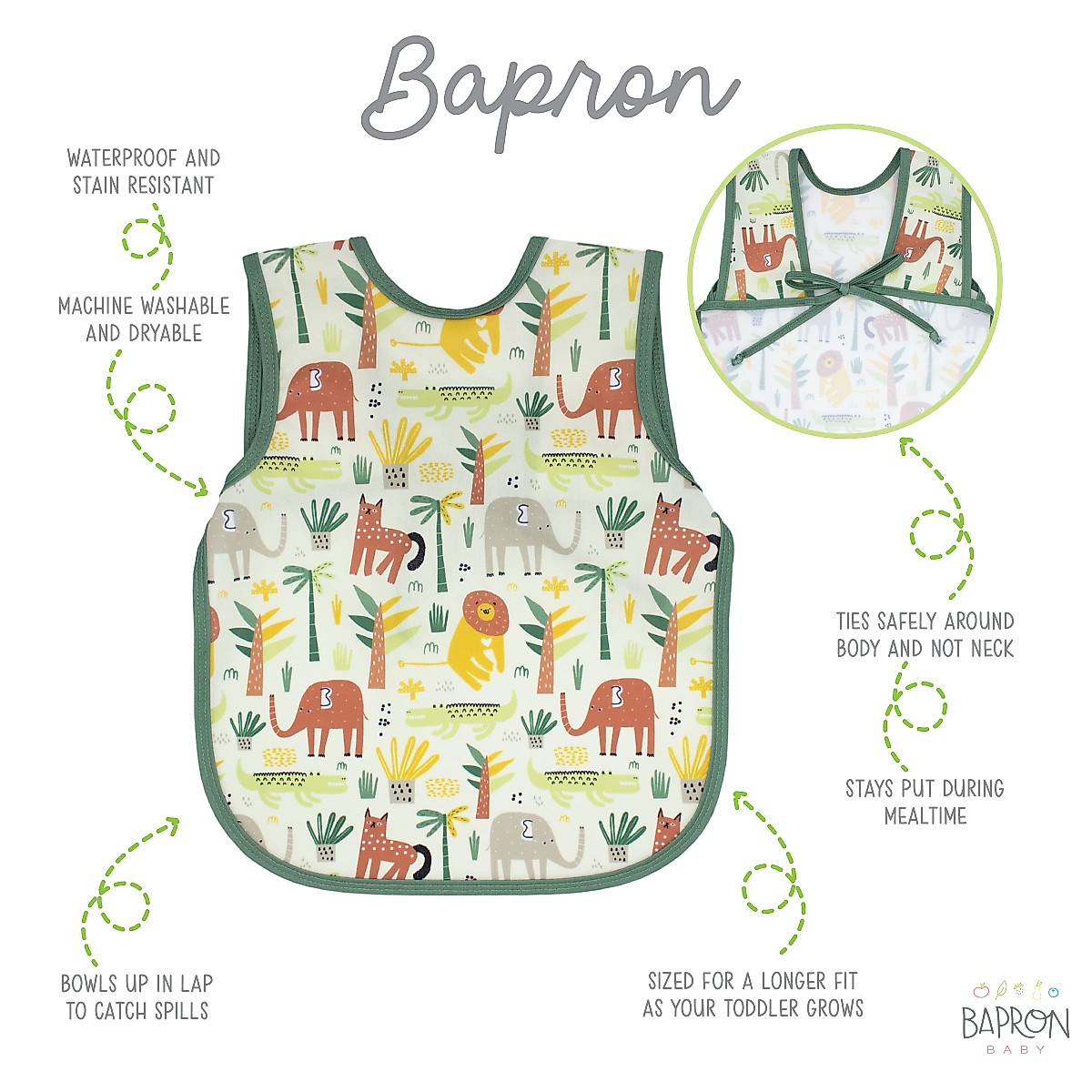 BapronBaby Safari Bapron - No Neck Tie Safer Bib for Baby & Toddler - Soft Waterproof Stain Resistant - Machine Washable - Sz Baby/Toddler 6m-3T